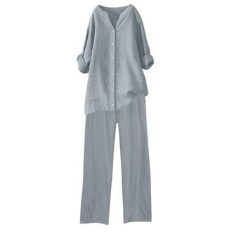 Generic Surv&ecirc;tement deux pi&egrave;ces pour femme en lin d&eacute;contract&eacute; &agrave; col rond et manches 3/4, pantalon &agrave; jambe large avec poches, v&ecirc;tement de d&eacute;tente pour femme, p
