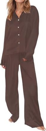 Generic Ensemble de pyjama &agrave; manches longues pour femmes, ensemble de pyjama boutonn&eacute; en coton bross&eacute;, pyjama long doux &agrave; boutons, 2 pi&egrave;ces, couleur unie, v&ecirc;t