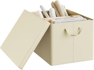 Woltu Bo&icirc;te de Rangement Pliable, Panier de Rangement en Tissu Non-Tiss&eacute;, avec Poign&eacute;es et Couvercle, pour V&ecirc;tements et Jouets, Cr&egrave;me, 48x36x30cm