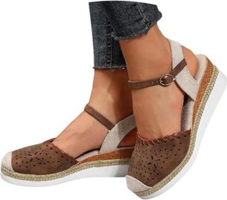 Generic Sandales compens&eacute;es &agrave; bout ferm&eacute; pour femme, espadrilles &agrave; talons bas, semelle compens&eacute;e &agrave; bout ferm&eacute;, &eacute;lastique, coupe large, sangle de cheville r&eacute;gl