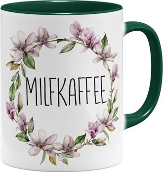 OM3 witzige Milfkaffee Milf Kaffee-Tasse mit Spruch - blumig Blümchen - Keramik Becher - 325ml - Beidseitig Bedruckt - Grün