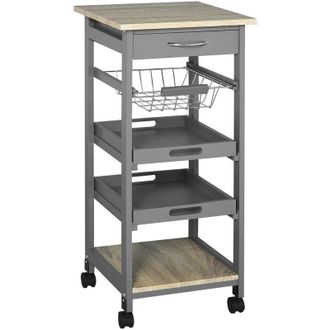 HOMCOM Chariot de service desserte de cuisine &agrave; roulettes panier + 2 plateaux amovibles, tiroir, &eacute;tag&egrave;re mdf ch&ecirc;ne clair bois pin blanc