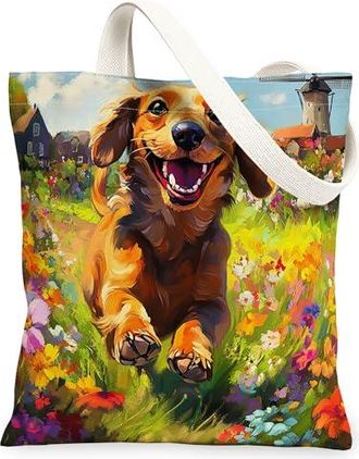 Generic Sac fourre-tout en toile motif teckel printanier 33 x 38,1 cm, sac d&eacute;picerie r&eacute;utilisable pour femme, motif floral, animal domestique, plage, esth&eacute;tiq