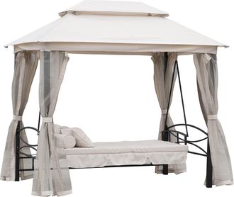 OUTSUNNY Hollywoodschaukel Gartenschaukel Schaukel mit Seitenw&auml;nden 3-Sitzer Beige 256 x 172 x 248 cm