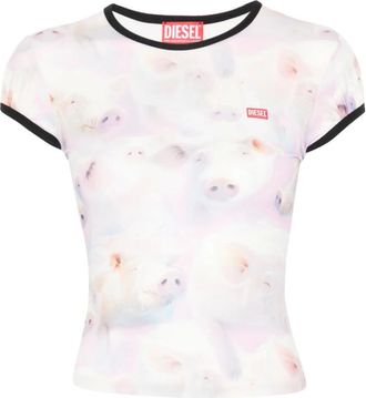 Diesel Femme, Tops, Blanc, Taille: 38 FR Printed Ringer Trim Short Sleeve Top
