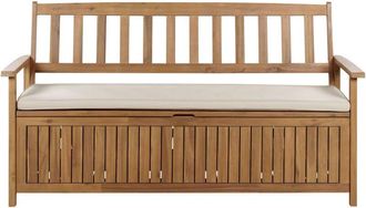 Beliani 3-Sitzer Gartenbank Hellbrun Akazienholz 160 cm mit Stauraum Auflage Taupe Armlehnen R&uuml;ckenlehne Latten-Optik Garten Terrasse Wintergarten