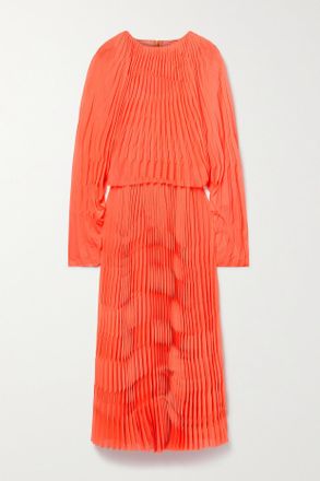 Nellie Partow Coraline Mehrlagiges Midikleid Aus Cr&ecirc;pe Mit Plissee - Orange