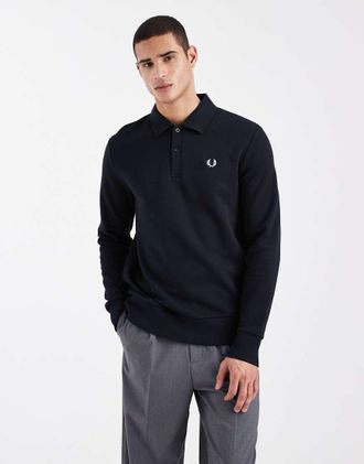 Fred Perry Sweat en piqu&eacute; avec col polo et logo - Bleu marine