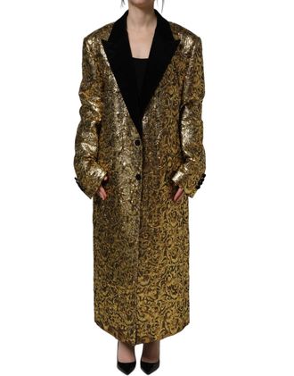 Dolce & Gabbana Womens Gold Floral Jacquard Wool Trench Coat Jacket Clothing