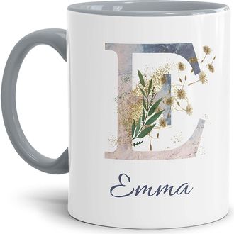 Tassendruck Tasse mit Buchstabe E und Blumen - mit Name personalisiert - Initiale, Namens-Tasse, Buchstaben Tasse, Geschenk I Keramik Innen & Henkel Grau, 300 ml