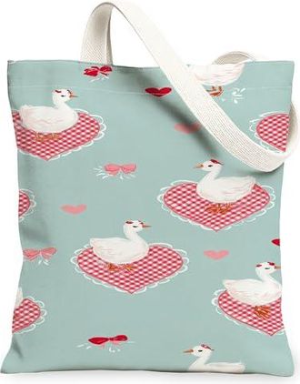 Generic Sac fourre-tout en toile de canard mignon, motif coeur, sacs d&eacute;picerie r&eacute;utilisables, sacs vintage l&eacute;gers et lavables en toile pour, bleu ciel, 13x15 