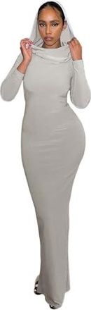 Generic 2026 Robe longue moulante à capuche décontractée pour femme Couleur unie Coupe ajustée, gris, L