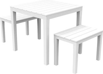 Dmora Outdoor-Lounge-Set Moncalieri, Gartenset mit 1 quadratischem Tisch und 2 B&auml;nken, Picknickset f&uuml;r drinnen und drau&szlig;en, 100 % Made in Italy, wei&szlig;