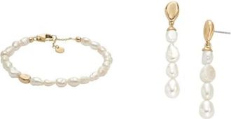 Skagen Agnethe Pearl Gold SKJ1825710 Bracelet en acier inoxydable pour femme + SKJ1827710 Boucles doreilles pour femme en acier inoxydable