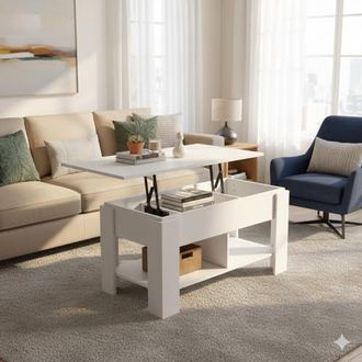 Furniture R Couchtisch mit Hochklappbarer Tischplatte, Weißer Wohnzimmertisch mit Verstecktem Stauraum und Ablagefächern, 96×50×48.5 cm, Höhenverstellbarer Lounge