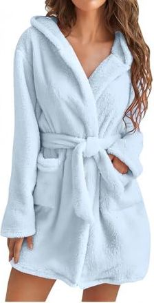 Generic Peignoir pelucheux mi-long pour femme - Joli peignoir kimono &agrave; capuche en peluche avec poches pour lautomne et lhiver (bleu ciel, taille L)