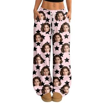 Generic Pantalon personnalis&eacute; avec photo de visage pour femme - Pantalon de jogging personnalis&eacute; avec cordon de serrage - Jambe droite, rose, M