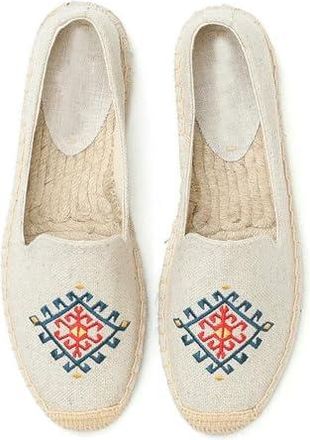 Generic QXDZSW Chaussures plates décontractées pour femme avec plateforme plate en chanvre brodé, bout rond, printemps/automne, confortable, Cubes beiges, 39 