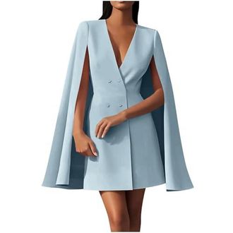Generic Robe blazer &eacute;l&eacute;gante &agrave; col en V &agrave; double boutonnage pour femme - Manches fendues - &Eacute;l&eacute;gante robe de costume d&eacute;contract&eacute;e, bleu, XXL