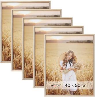 Woltu Lot de 5 Cadre Photo 40x50cm Cadre en Bois Massif avec Passe Partout, Suspendre Horizontalement ou Verticalement, D&eacute;coration Murale ou sur Table, Or