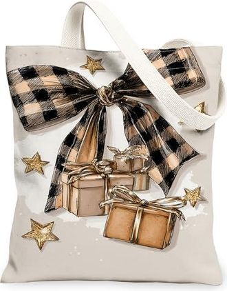 Generic Sacs fourre-tout en toile pour cadeaux de No&euml;l, motif noeud et &eacute;toile, sacs &agrave; provisions r&eacute;utilisables, chic de vacances, toile l&eacute;g&egrave;re lavable pour G,