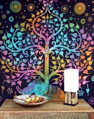 Guru Shop Boho-Style Wandbehang, Indische Tagesdecke Lebensbaum - Tree of Life/Regenbogen, Baumwolle, 200x130x0 cm