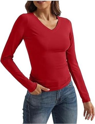 Generic Tee Shirt Manche Longue Femme Col V, Haut Moulant Slim Fit Top Sexy Extensibles Couleur Unie Tunique Pas Cher D&eacute;Contract&eacute; Pullover Chic Et &Eacute;L&eacute;Gant pou