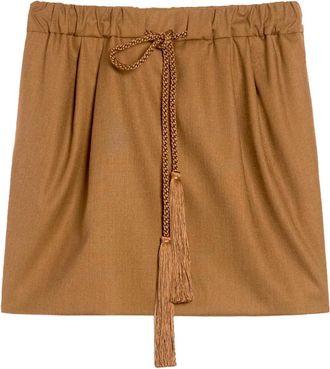 Max Mara Femme, Jupes, Brun, Taille: 38 FR Mini-jupe trap&egrave;ze en laine m&eacute;lang&eacute;e avec cordon de serrage &agrave; pompons