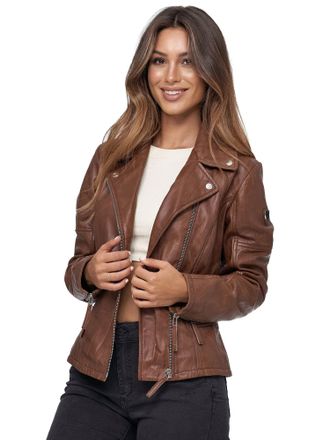 Tazzio Lederjacke moderne & zeitlose Damen Jacke im Biker Look mit Reverskragen F501 (XL, Braun)