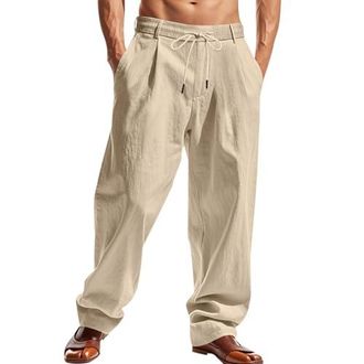 Generic Pantalon habill&eacute; en lin pour homme - Coupe ample - Taille &eacute;lastique - Pantalon d&eacute;contract&eacute; avec cordon de serrage - Pantalon de yoga ample - Jambe lar