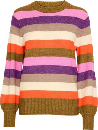 Ichi IHEDEN Damen Strickpullover Feinstrick Pullover Pulli mit Rippkragen Rippb&uuml;ndchen leicht elastisch Loose fit, Gr&ouml;&szlig;e:L, Farbe:Green Mix Color Stripe (2