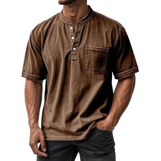 Generic Polo en coton pour homme, grande taille, col rond 1/4 bouton, avec poche poitrine, coupe confortable, couleur unie, t-shirt Henley pour l&eacute;t&eacute;, la plage