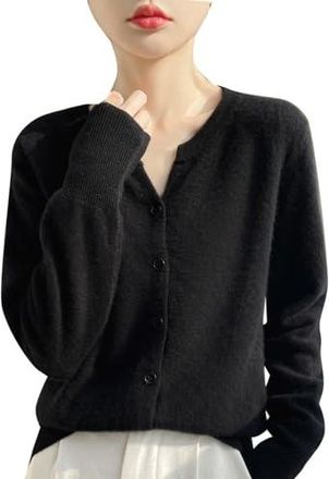 Generico DUHENWU Cardigan de Noël pour femme - Col rond - Boutonnière - Pull en laine - Élégant manteau à manches longues - Couleur unie - Coupe droite - Cardi