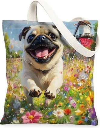 Generic Sac fourre-tout en toile pour le shopping, 33 x 38 cm, motif chien carlin, sac d&eacute;picerie r&eacute;utilisable, sac d&eacute;picerie pour femme, motif floral, animal 