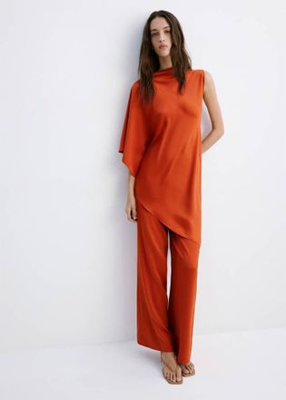 Mango Blouse asym&eacute;trique satin&eacute;e rouge-orang&eacute; - Femme - L - MANGO