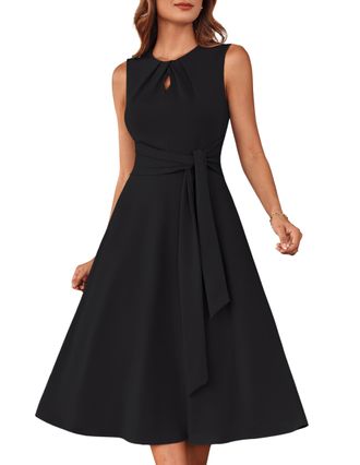 Grace Karin &Auml;rmelloses Midikleid f&uuml;r Damen elastisches Rundhalskleid Plissiertes Cut-Out mit G&uuml;rteltaschen Schwarz 2XL
