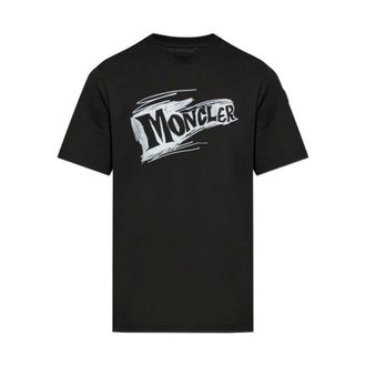 Moncler Homme, Tops, Noir, Taille: 2XL T-shirt en coton et jersey avec logo