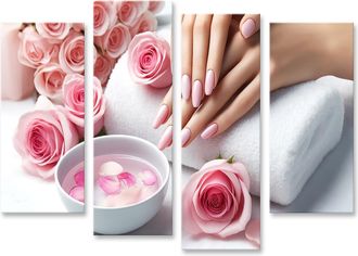 Islandburner Bild auf Leinwand Luxuriöse Hände mit rosa Maniküre auf weißem Handtuch und Rosen Nagelstudio Bilder Wandbilder Poster