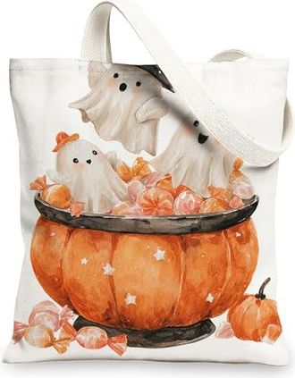 Generic Sacs fourre-tout en toile dHalloween, motif fantôme mignon et citrouille, sacs de courses réutilisables, légers et lavables avec bandoulière en toile,