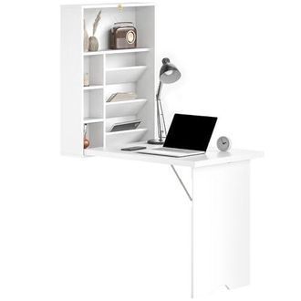 HOMCOM Bureau Pliable Mural avec &eacute;tag&egrave;res de Rangement, Bureau Rabattable, Table Murale Pliante, Gain de Place id&eacute;al pour Salon, Salle &agrave; Manger, Petit Espace