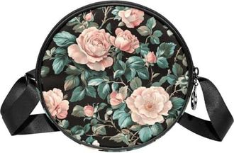 Generic Sac &agrave; bandouli&egrave;re rond pour femme, sac &agrave; bandouli&egrave;re classique vintage &agrave; motif floral avec fermeture &eacute;clair, bretelles r&eacute;glables, sac &agrave; main rond d&eacute;co