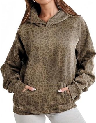 Generic Sweat &agrave; capuche l&eacute;opard surdimensionn&eacute; pour femme, sweat &agrave; capuche camouflage &agrave; manches longues, marron, XL