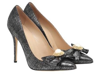 Alessandra Rich Black Metallic Court Heels with Pearl Bow Detail Size 37.5