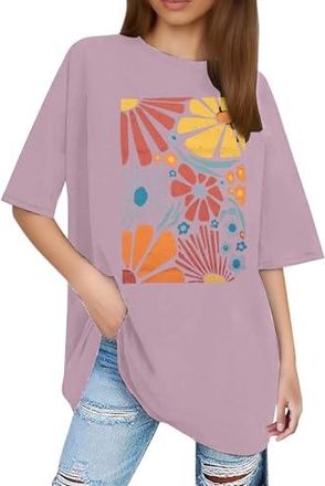 Generico T-shirt &agrave; manches courtes pour femme Oversize vintage avec col rond imprim&eacute; lettres chemisier d&eacute;t&eacute; en coton avec noeud floral T-shirt d&eacute;contract&eacute; et a