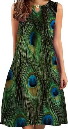 Ocean Plus Robe Midi sans Manches pour Femme avec Col en V Multicolore (XL, Paon)