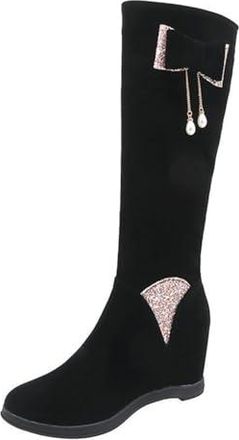 Generic Bottes de neige hautes pour femme avec noeud papillon et talon compens&eacute; dissimul&eacute; - Confortables - Polyvalentes - Avec fermeture &eacute;clair, Noir, 37.5 EU