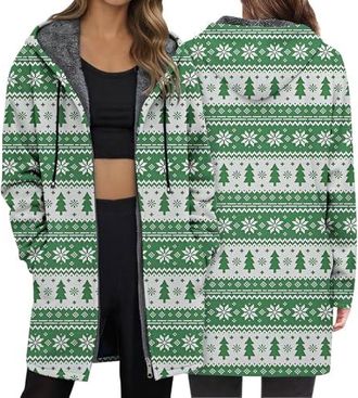 Generic 2026 Vestes pour femmes Automne et Hiver Imprim&eacute; No&euml;l Veste mi-longue doubl&eacute;e polaire fermeture &eacute;clair, Vert, 4XL