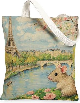 Generic Sac fourre-tout en toile avec rat printanier et souris pour faire du shopping 33 x 38,1 cm, tour romantique, sac d&eacute;picerie r&eacute;utilisable pour femme, pe