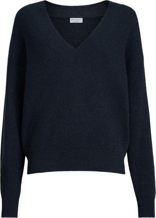Brunello Cucinelli sparkling-detail ribbed V-neck sweater - Blau