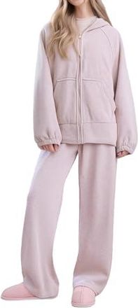 Generic Pyjama en polaire super doux à capuche pour femme avec fermeture éclair - Vêtement de nuit thermique - Coupe ample - Vêtement de nuit uni en peluche -